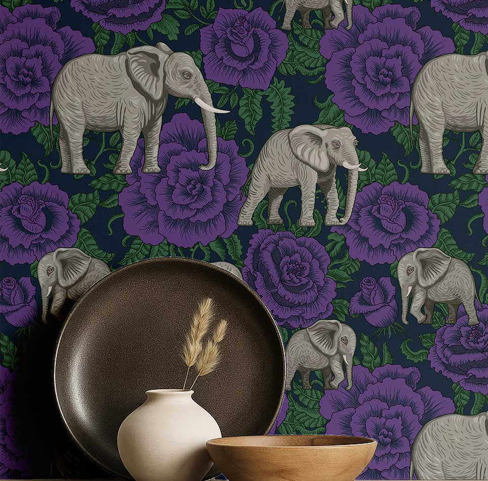S4Sassy Elephant With Rose Wallpaper- Asian Style Wall Covering, 25" X ...