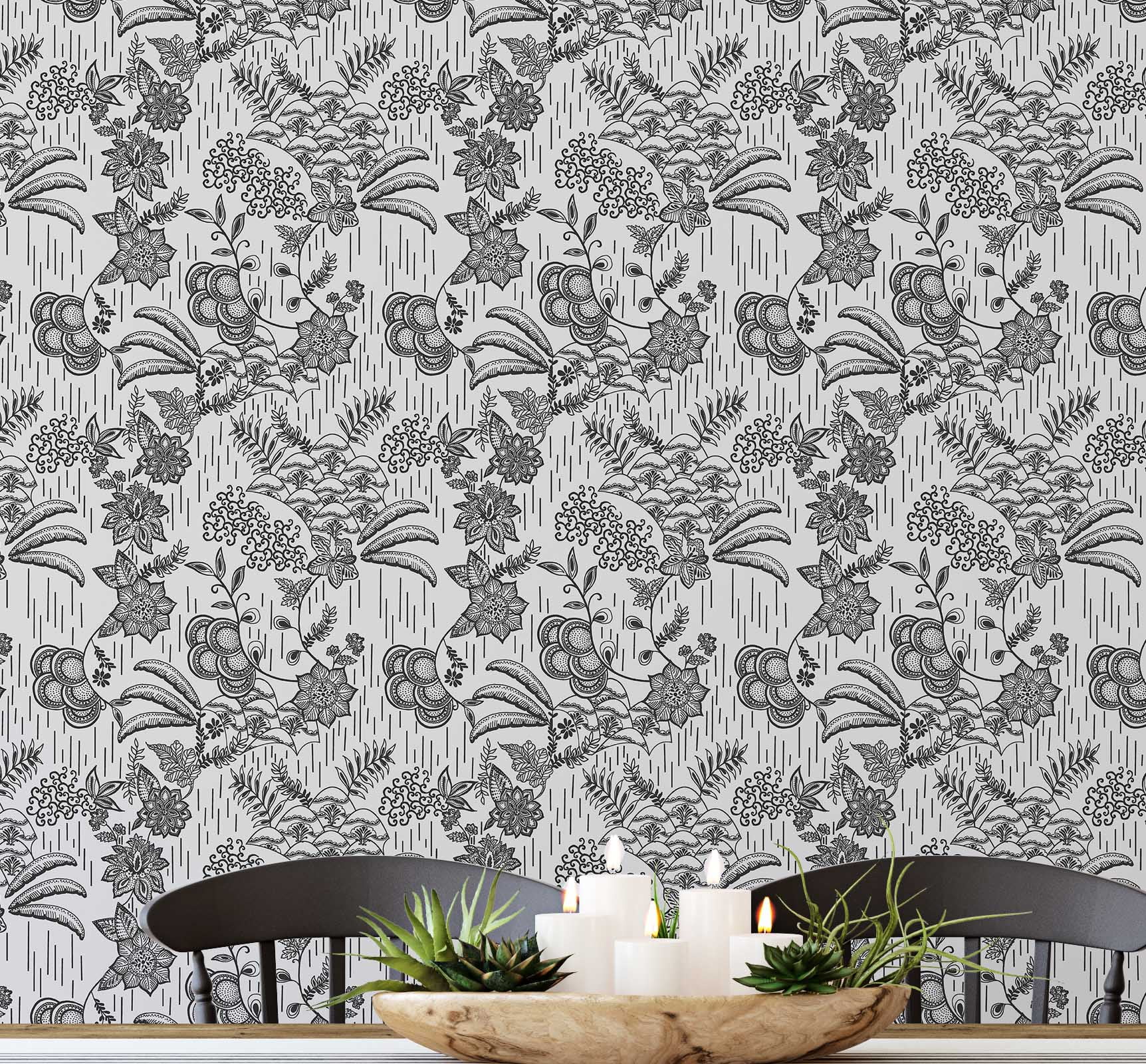 S4Sassy Ethnic Floral Wallpaper - Gray Wall Covering, 25" x 60" Self ...