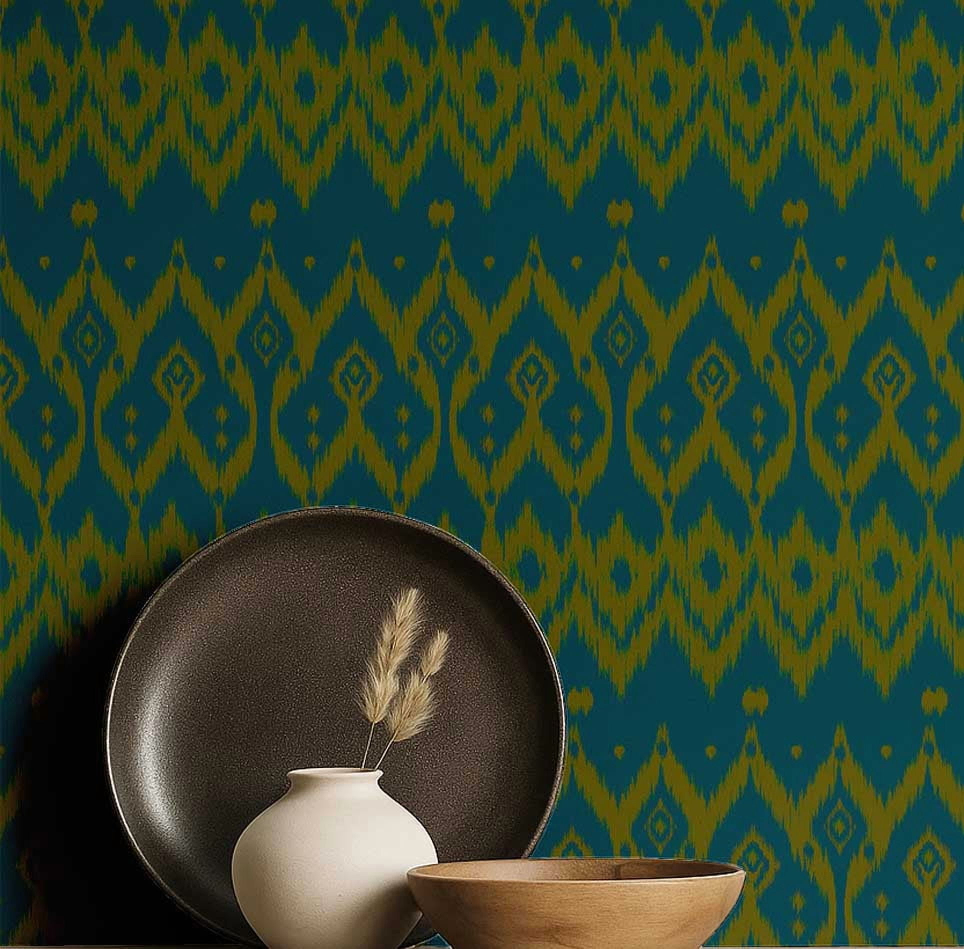 S4Sassy Ethnic Ikat Wallpaper- Blue Asian Style Wall Covering, 25" x ...