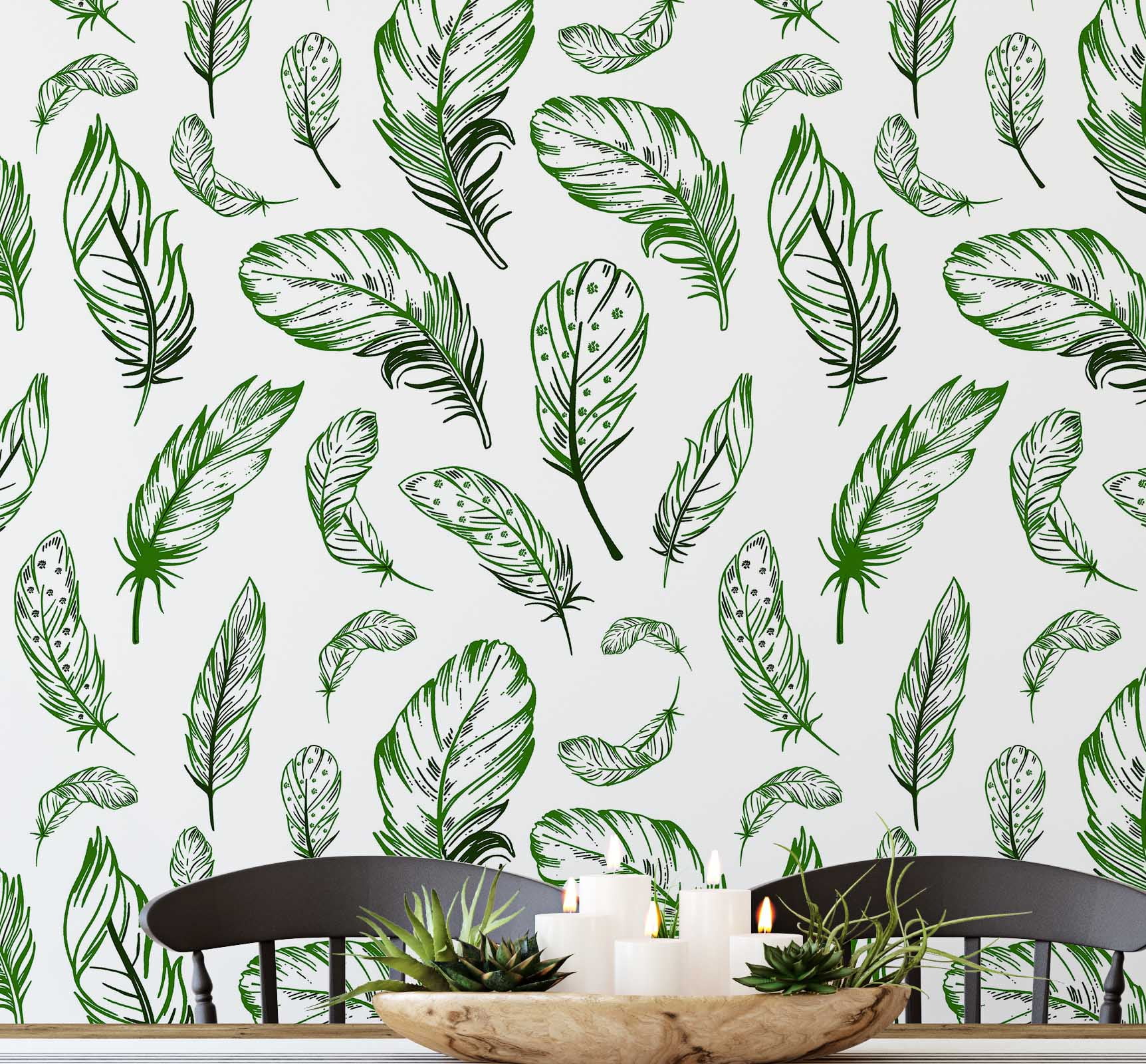 S4Sassy Feather Print Wallpaper - Green Boho Wall Covering, 25" x 360 ...