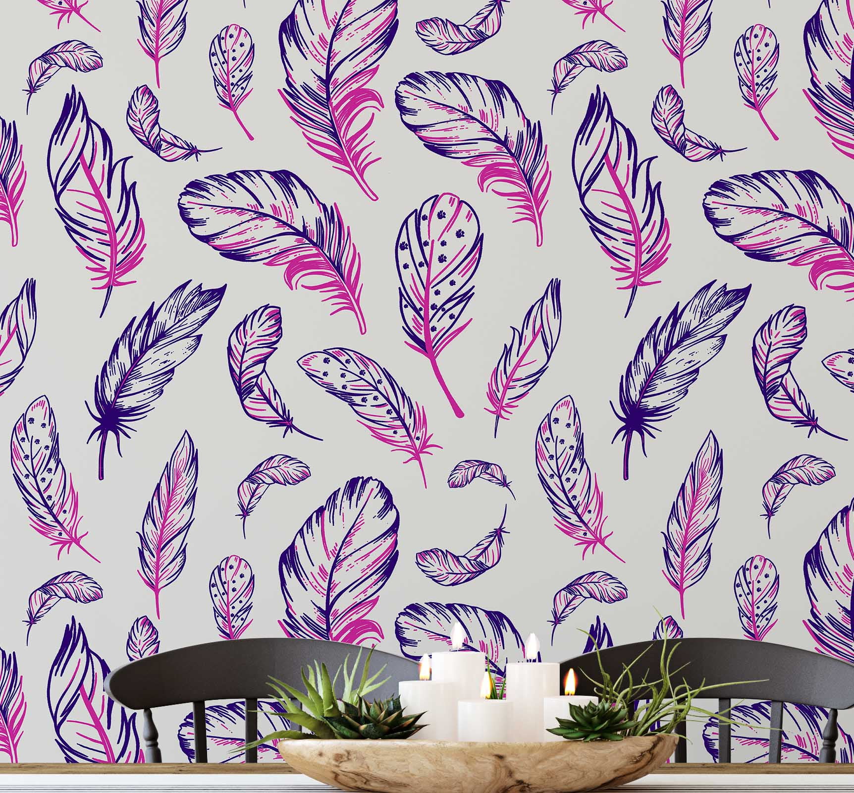 S4Sassy Feather Print Wallpaper - Purple Boho Wall Covering, 25" x 240 ...