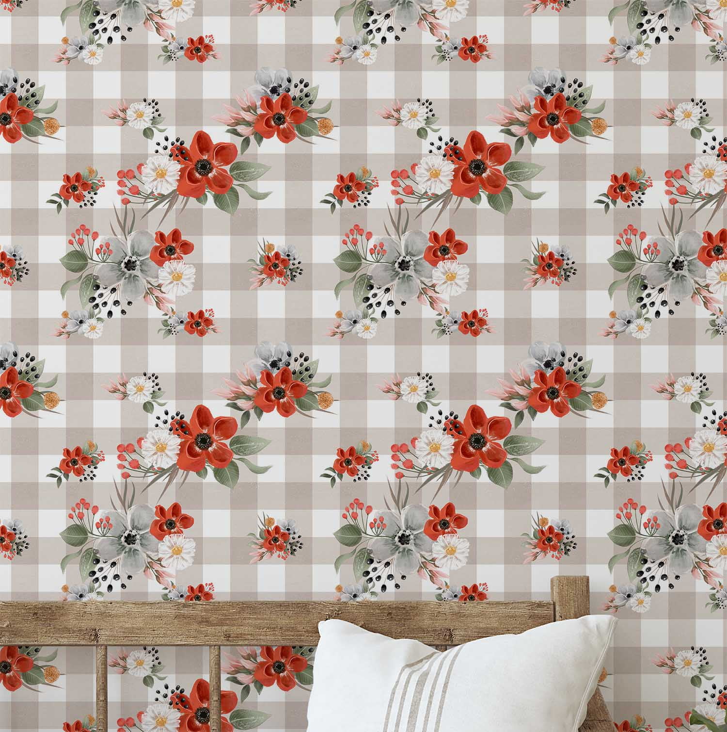 S4Sassy Floral Plaid Wallpaper - Red Wall Covering, 25" X 120" Self ...