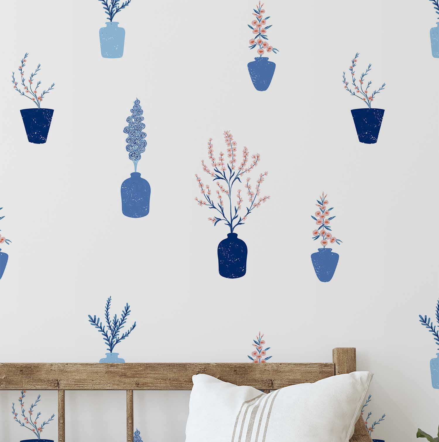 S4Sassy Floral Pot Wallpaper - White Wall Covering, 25" x 240" Self ...