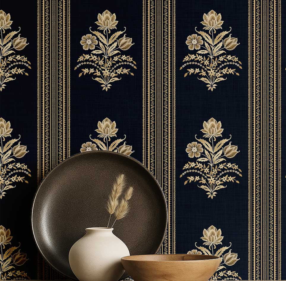 S4Sassy Floral Striped Wallpaper - Blue Wall Covering, 25" X 120" Self ...