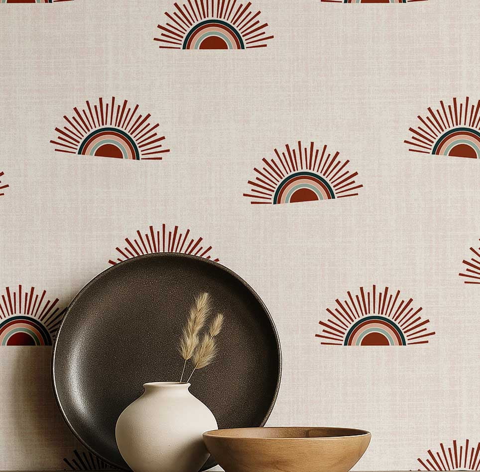 S4Sassy Half Rainbow Burst Wallpaper- Red Bohemian Wall Covering, 25" x ...