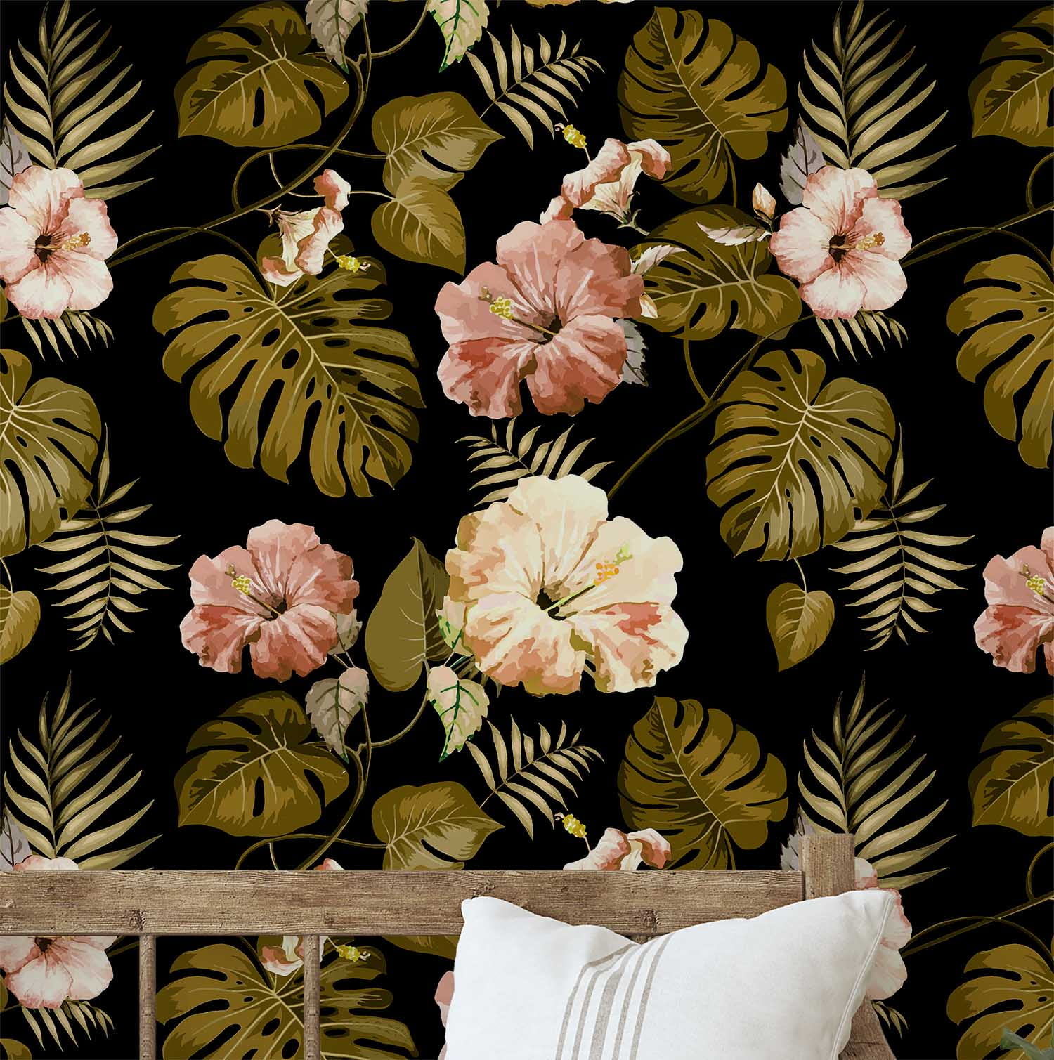 S4Sassy Hibiscus Floral Wallpaper Black Wall Covering, 25" x 240" Self ...