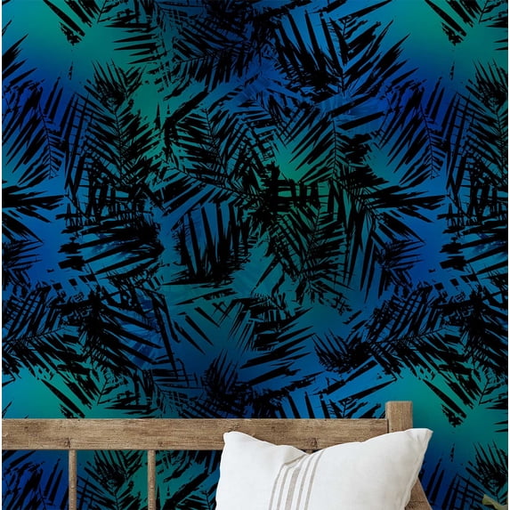 S4Sassy Midnight Palm Shadows Wallpaper - Blue Wall Covering, 25" x 120 ...