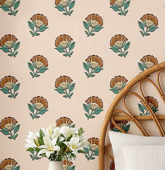 S4Sassy Modern Block Floral Wallpaper- Orange Bohemian Wall Covering ...