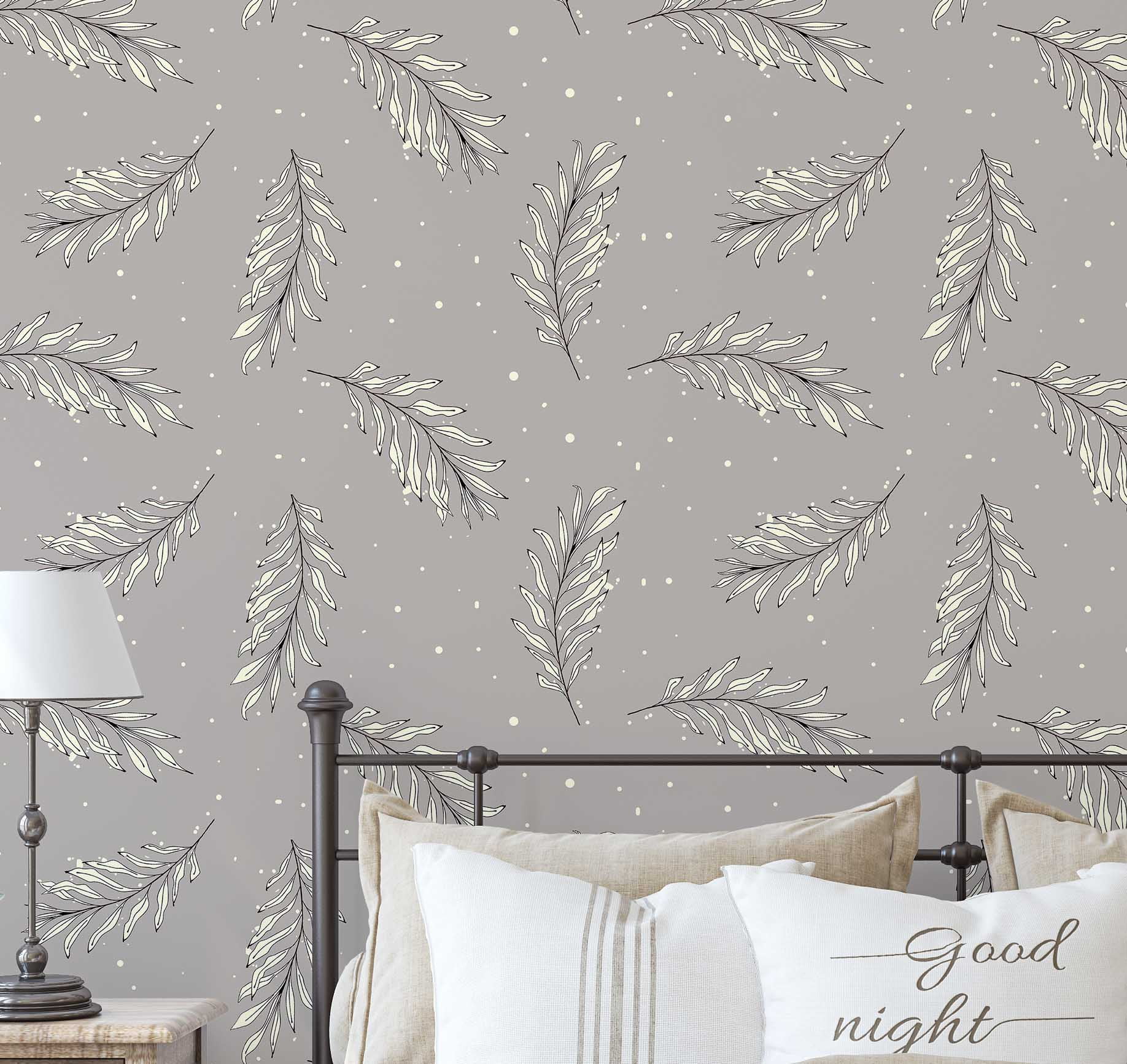 S4Sassy Modern Hand-Drawn Leaf Wallpaper - Gray Bohemian Wall Covering ...