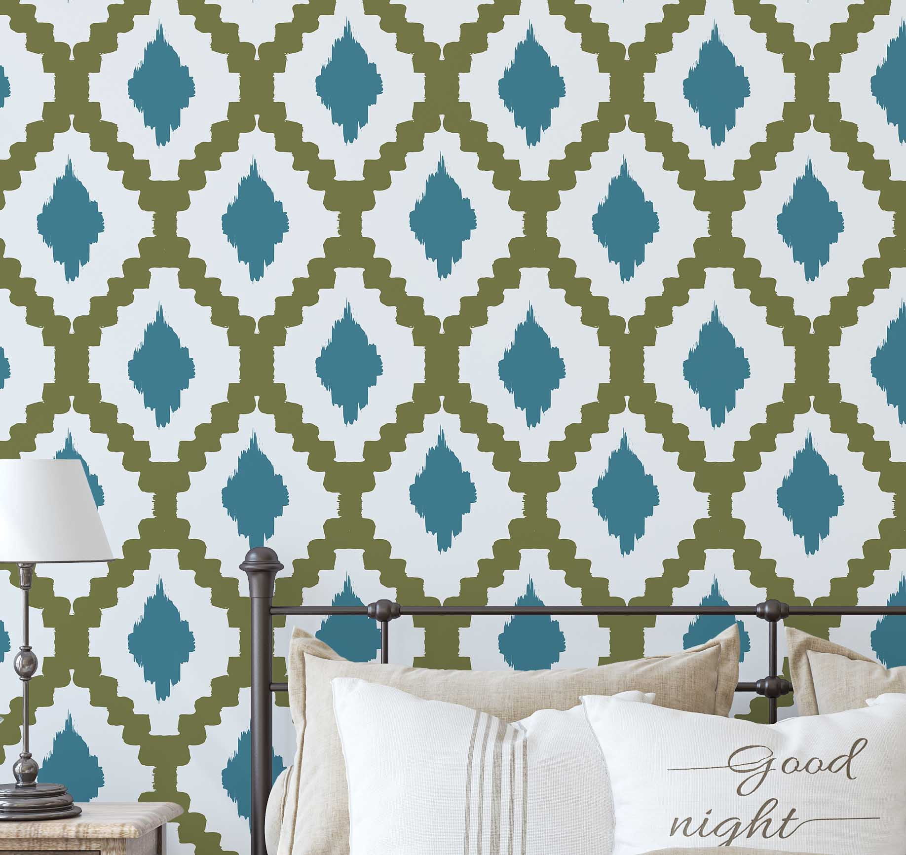 S4Sassy Modern Ikat Diamond Wallpaper- Blue Bohemian Wall Covering, 25 ...