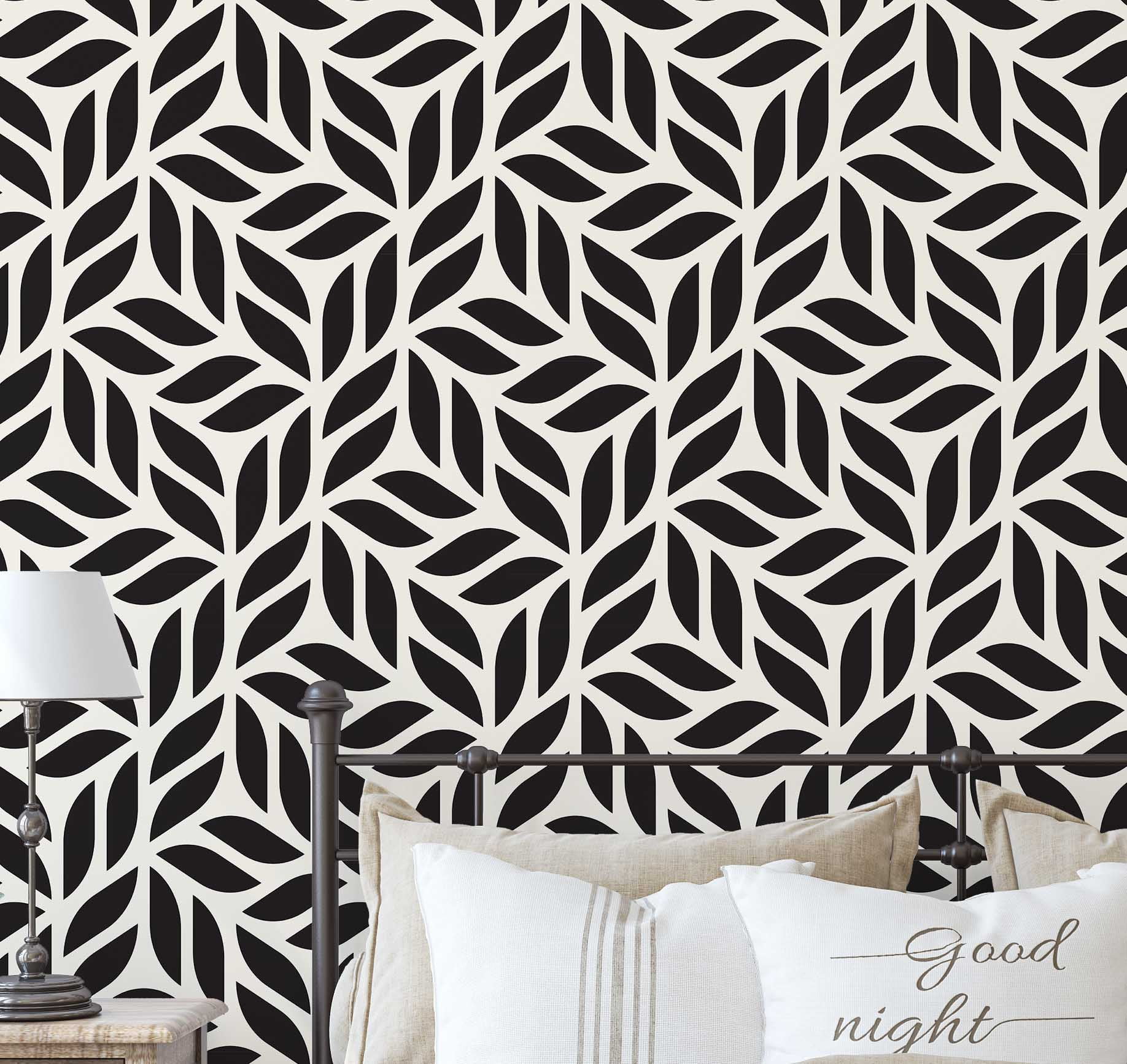 S4Sassy Modern Leaf Grid Print Wallpaper - Black Wall Covering, 25" X ...
