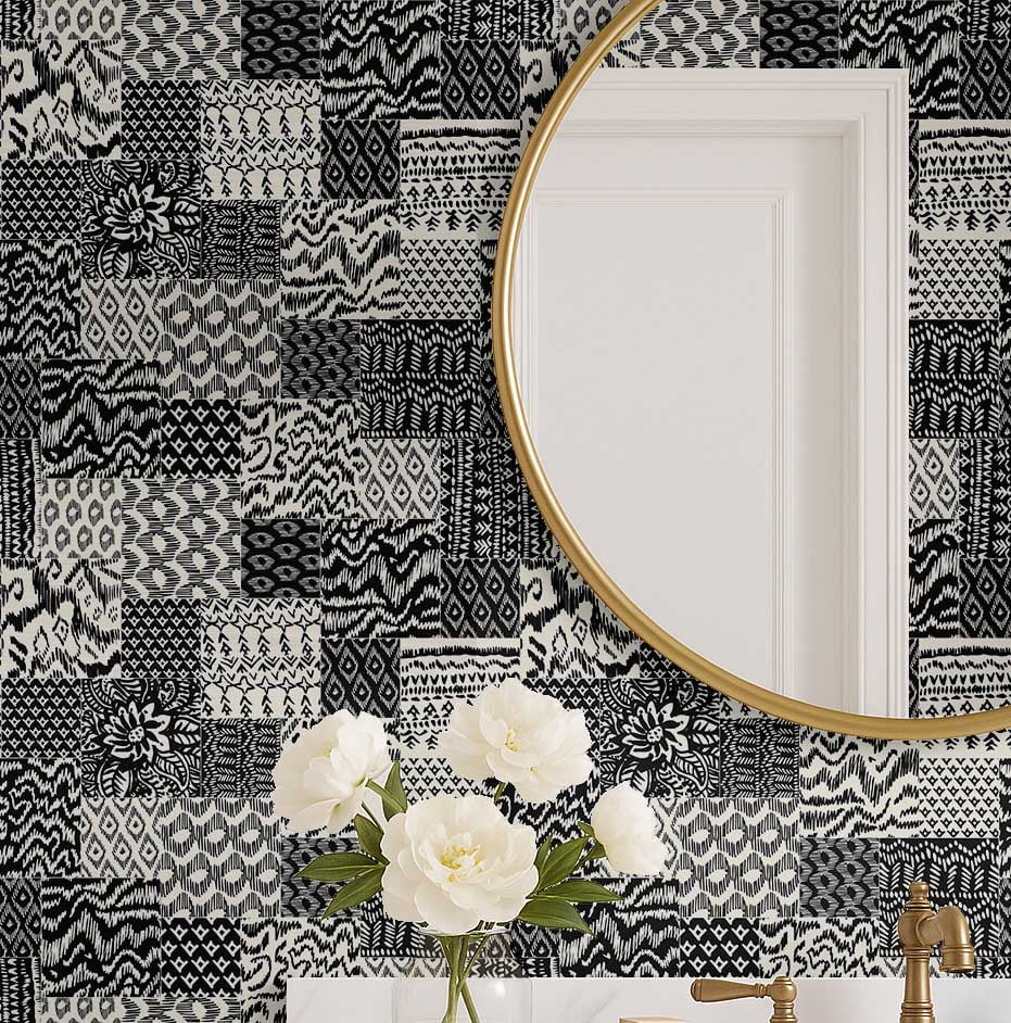 S4Sassy Modern Patchwork Ikat Wallpaper - Black Wall Covering, 25" x 60 ...