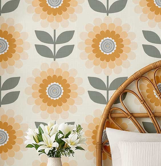 S4Sassy Modern Retro Daisy Wallpaper - Orange Bohemian Wall Covering ...