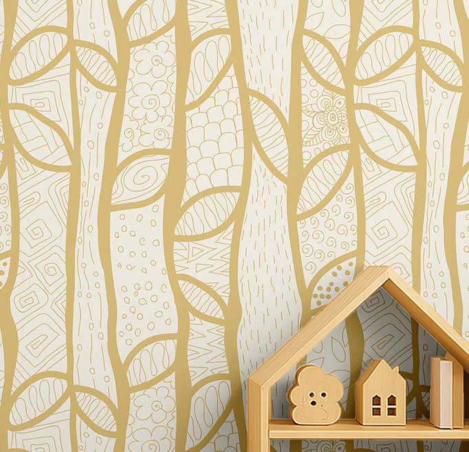 S4Sassy Modern Tree Sketch Print Wallpaper- Yellow Wall Covering, 25" X ...