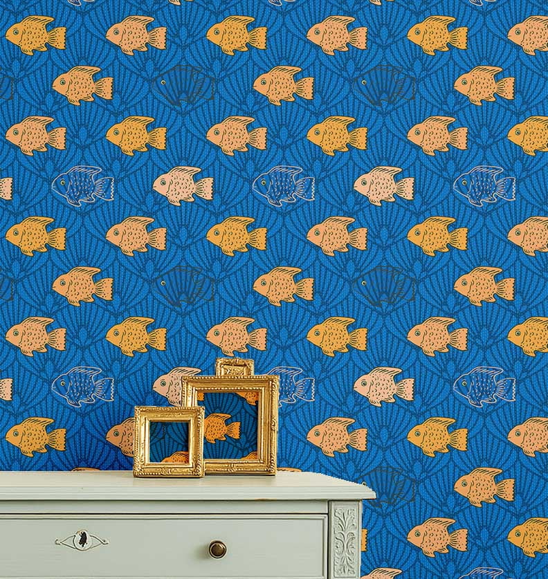 S4Sassy Ocean Fish Print Wallpaper- Blue Wall Covering, 25" x 60" Self ...