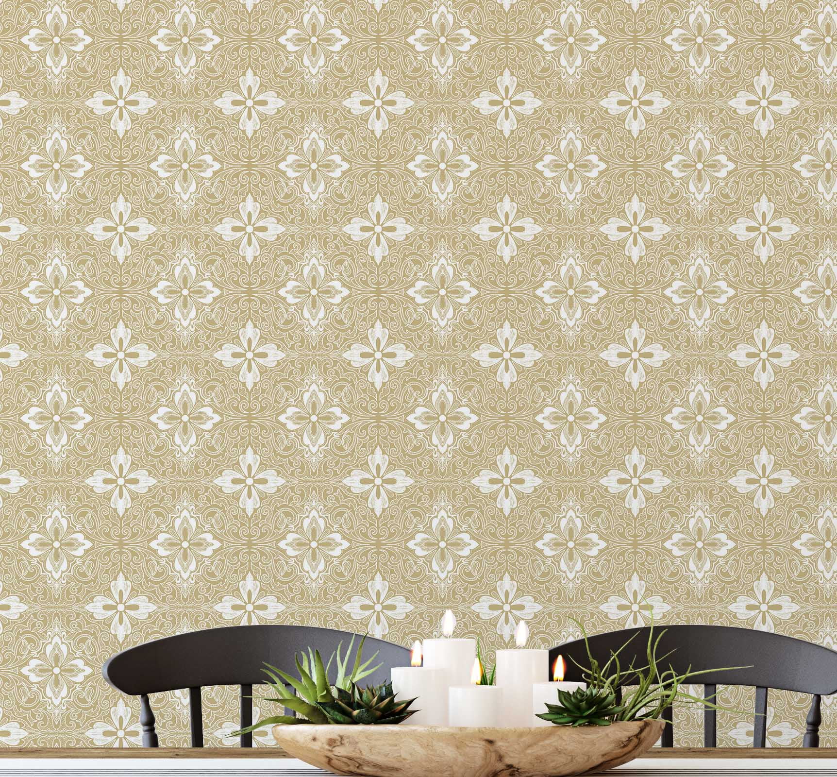 S4Sassy Ornate Floral Tile Wallpaper Beige Walls Covering, 25" x 120 ...