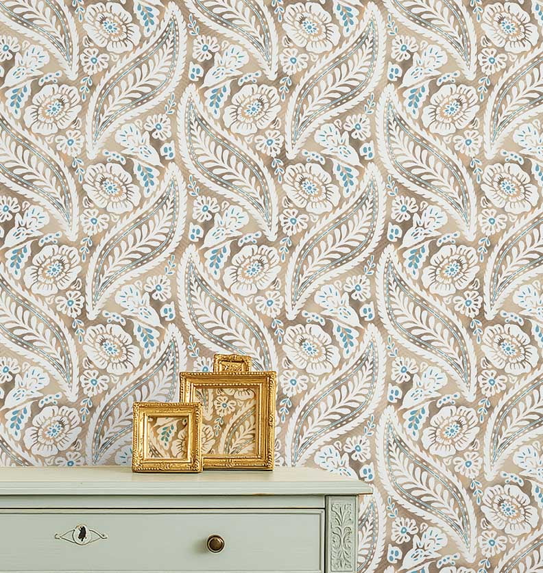 S4Sassy Paisley Floral Block Print Wallpaper - Beige Wall Covering, 25 ...