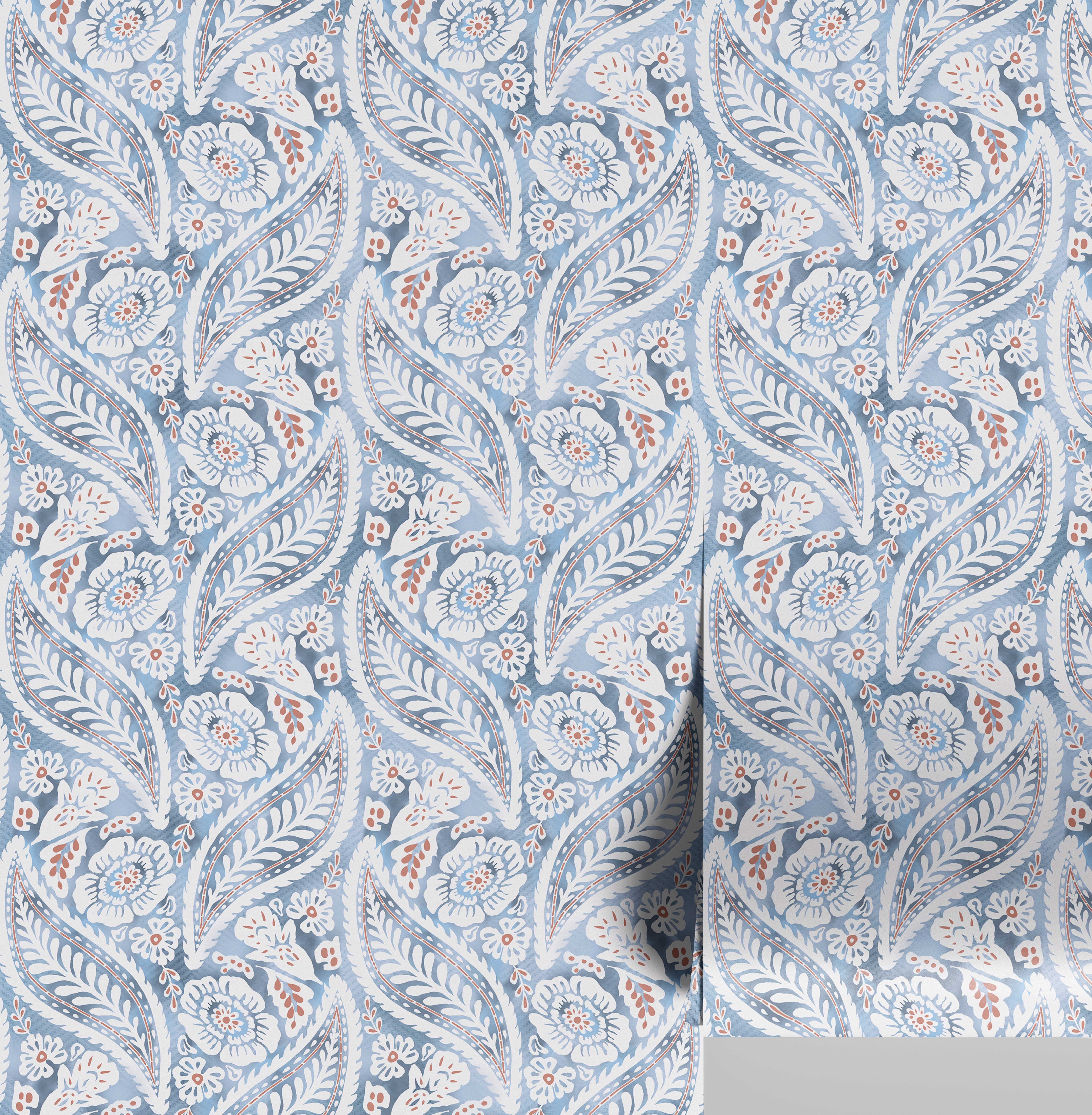 S4Sassy Paisley Floral Block Print Wallpaper - Blue Wall Covering, 25 ...