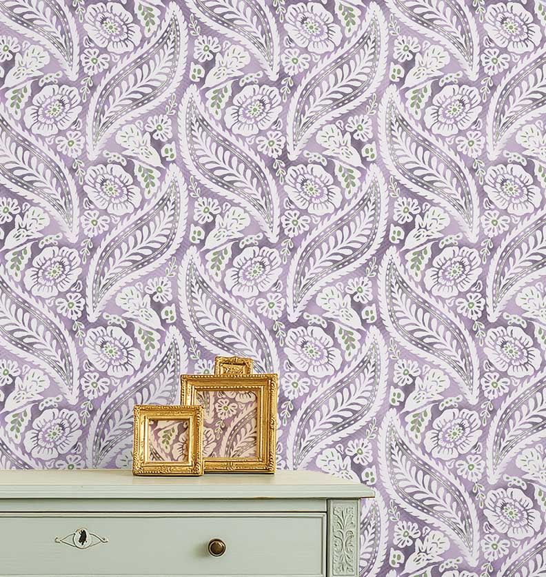 S4Sassy Paisley Floral Block Print Wallpaper- Purple Wall Covering, 25 ...