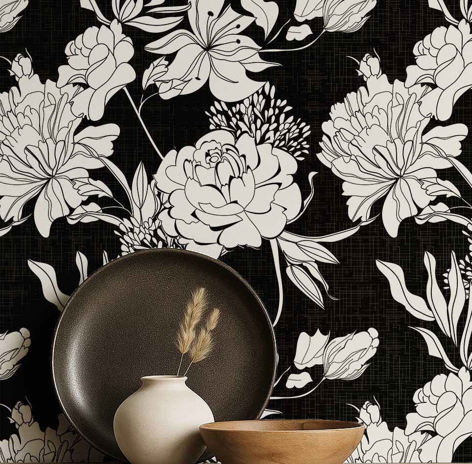 S4Sassy Peel & Stick Vinyl Wallpaper, Bold Monochrome Bloom Wallpaper ...