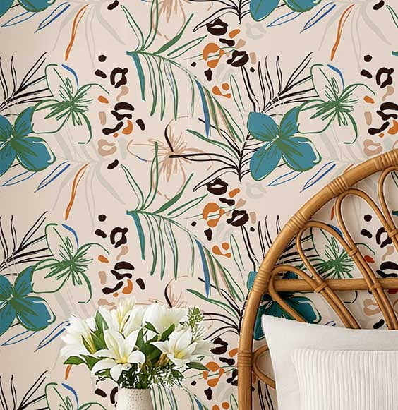 S4Sassy Peel & Stick Vinyl Wallpaper, Tropical Floral Wallpaper Contact Paper Waterproof- Beige ...
