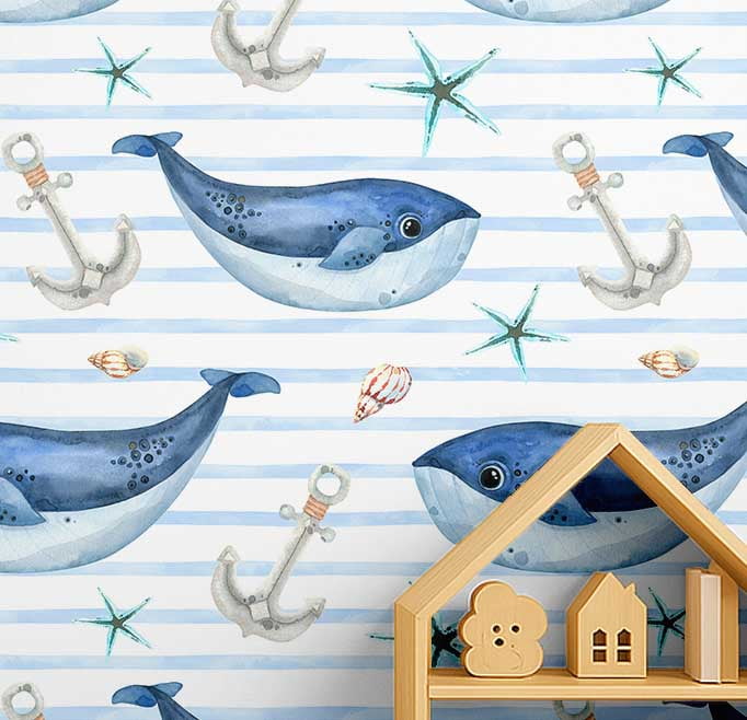 S4Sassy Peel & Stick Vinyl Wallpaper, Whale Nautical Print Wallpaper ...