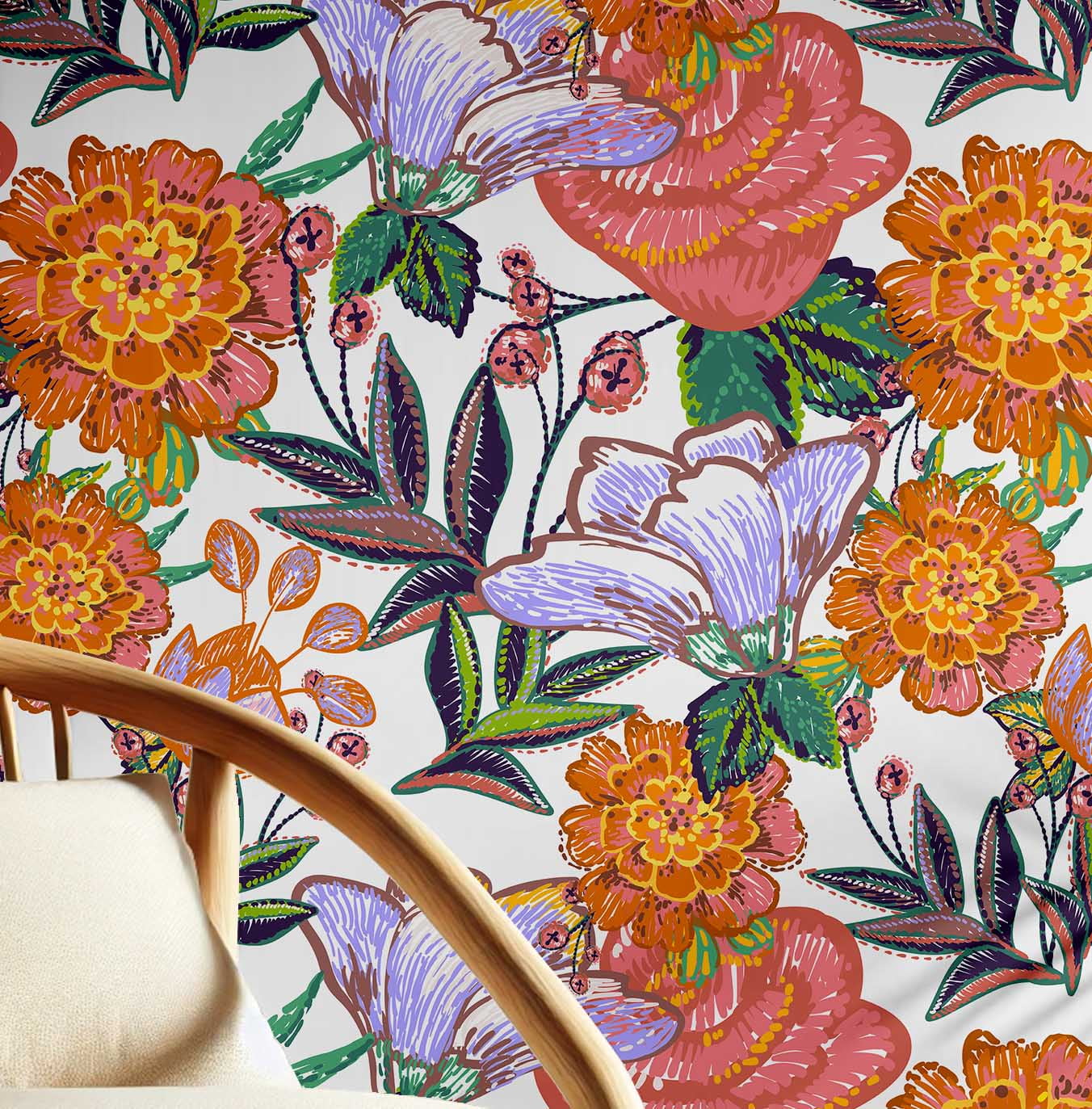 S4Sassy Peel and Stick Wall Covering, Chic Folk Floral Print Removable ...