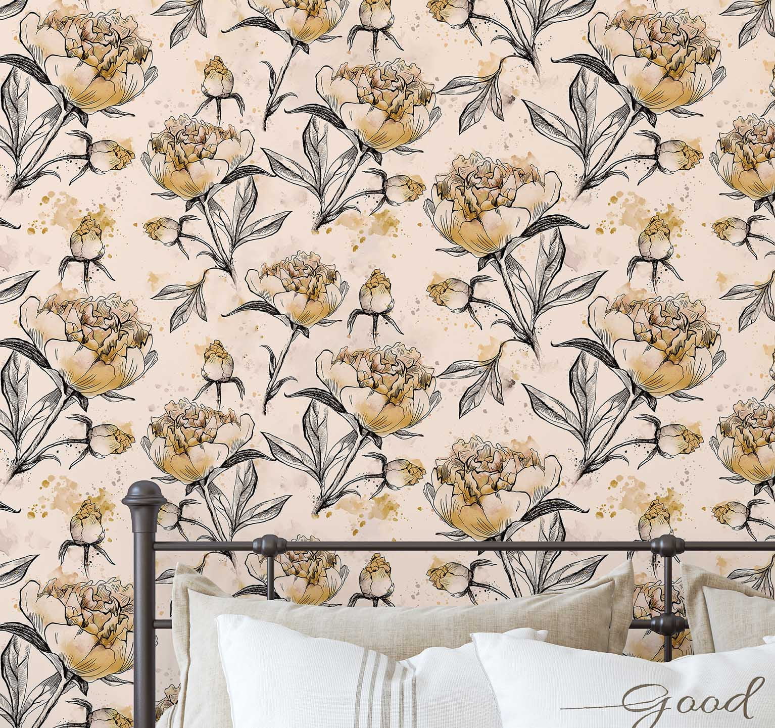S4Sassy Peel and Stick Wall Covering, Chic Peony Floral Sketch Print ...