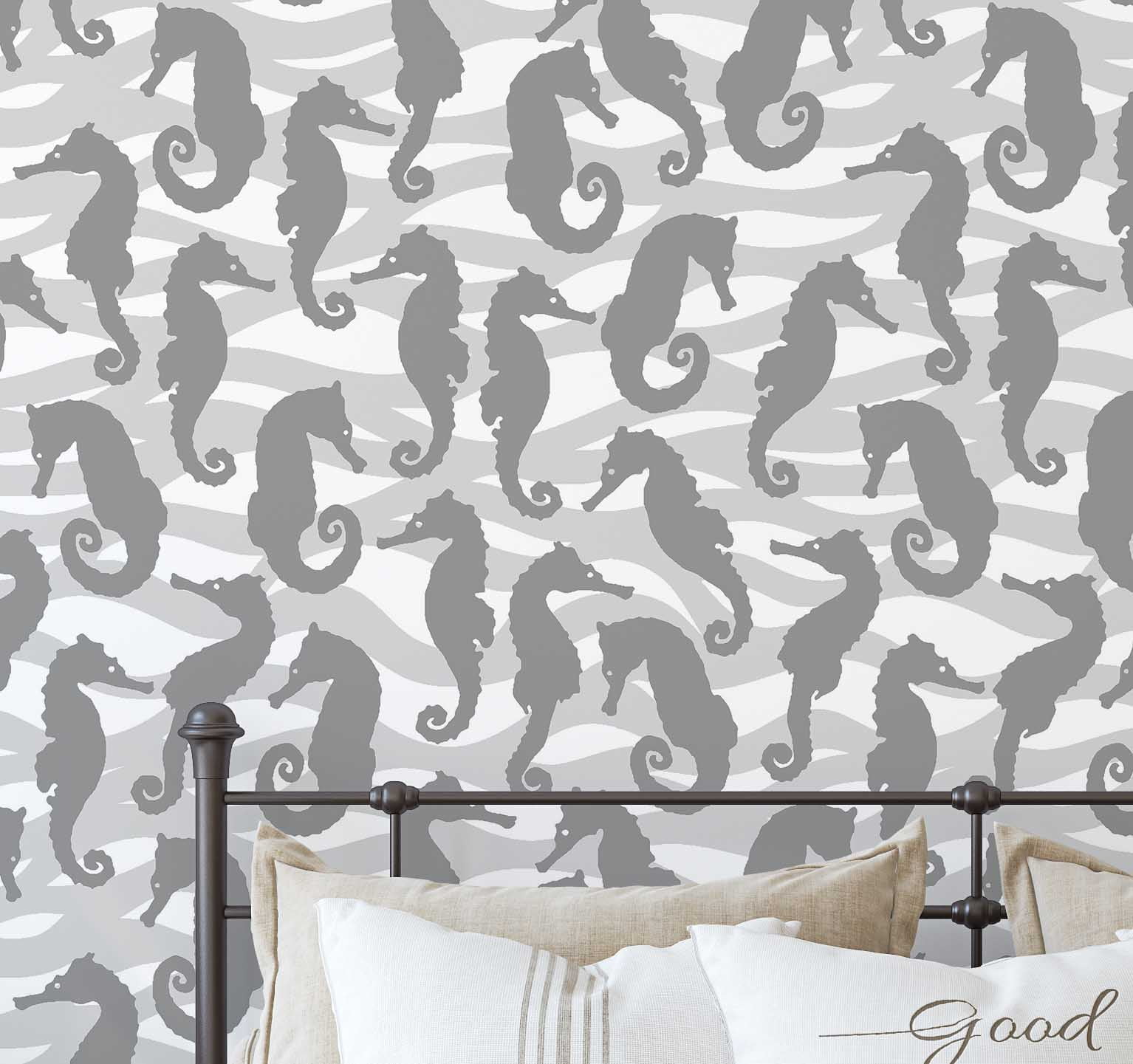 S4Sassy Peel and Stick Wall Covering, Monochrome Seahorse Waves ...