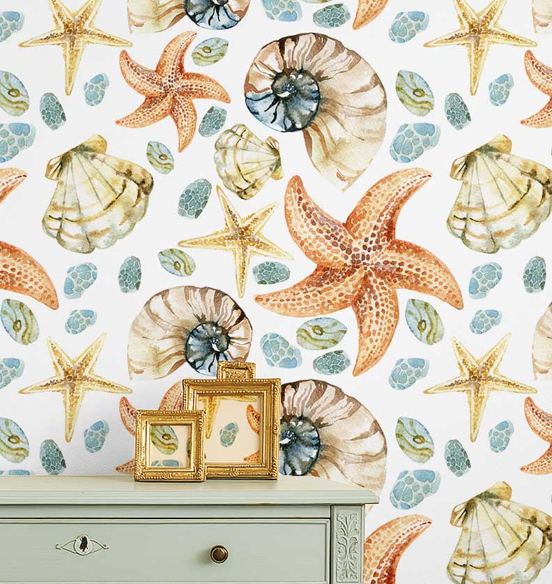 S4Sassy Peel and Stick Wall Covering, Sea Life Watercolor Shells ...
