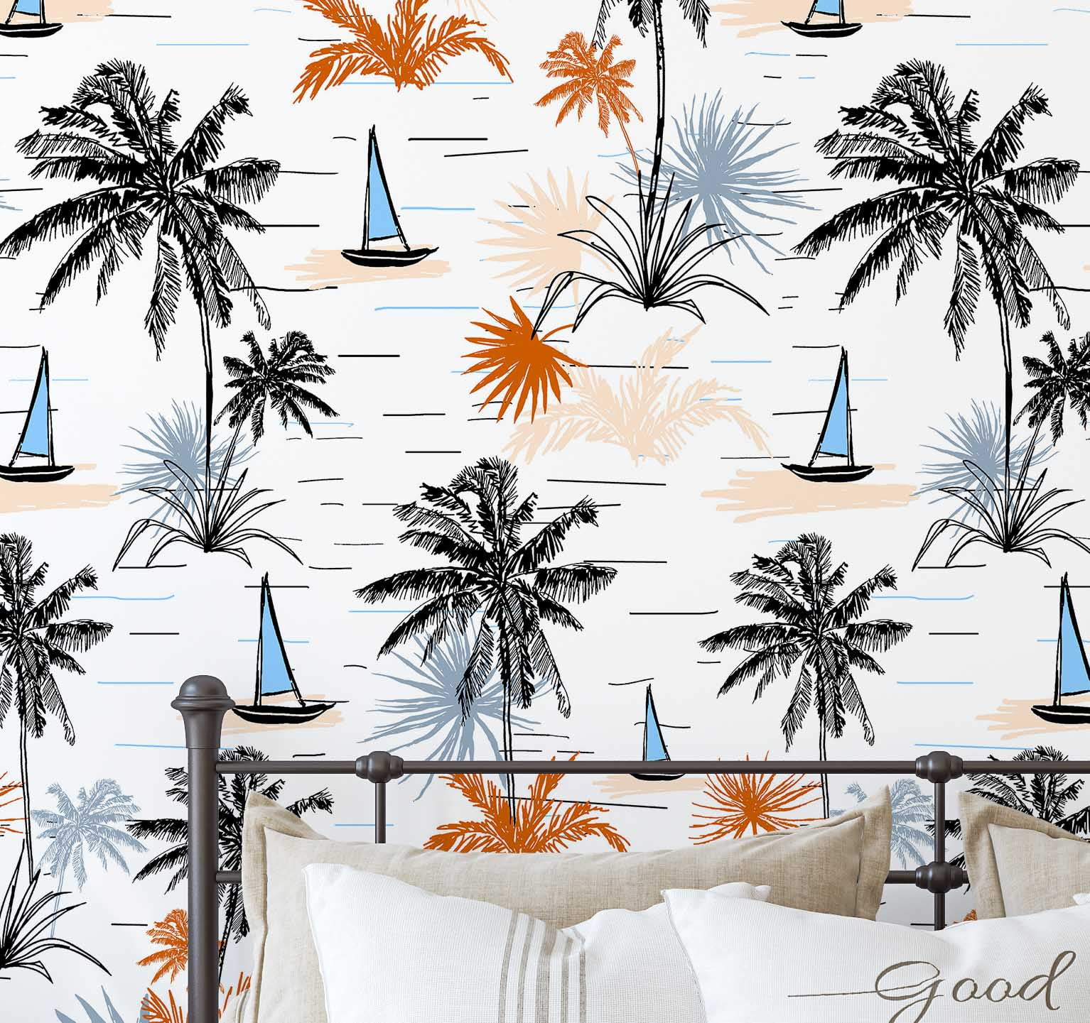 S4Sassy Peel and Stick Wall Covering, Tropical Palm & Sailboat ...