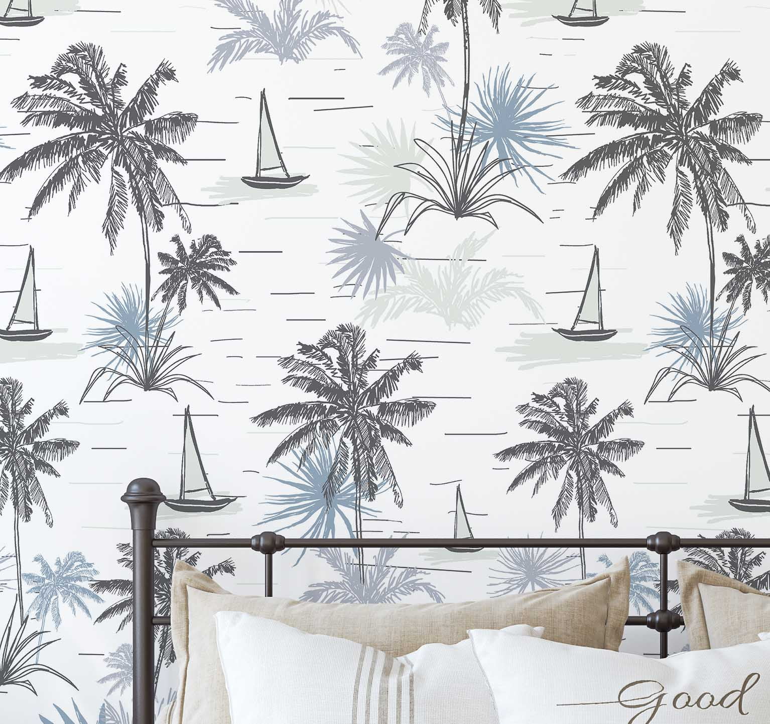 S4Sassy Peel and Stick Wall Covering, Tropical Palm & Sailboat ...
