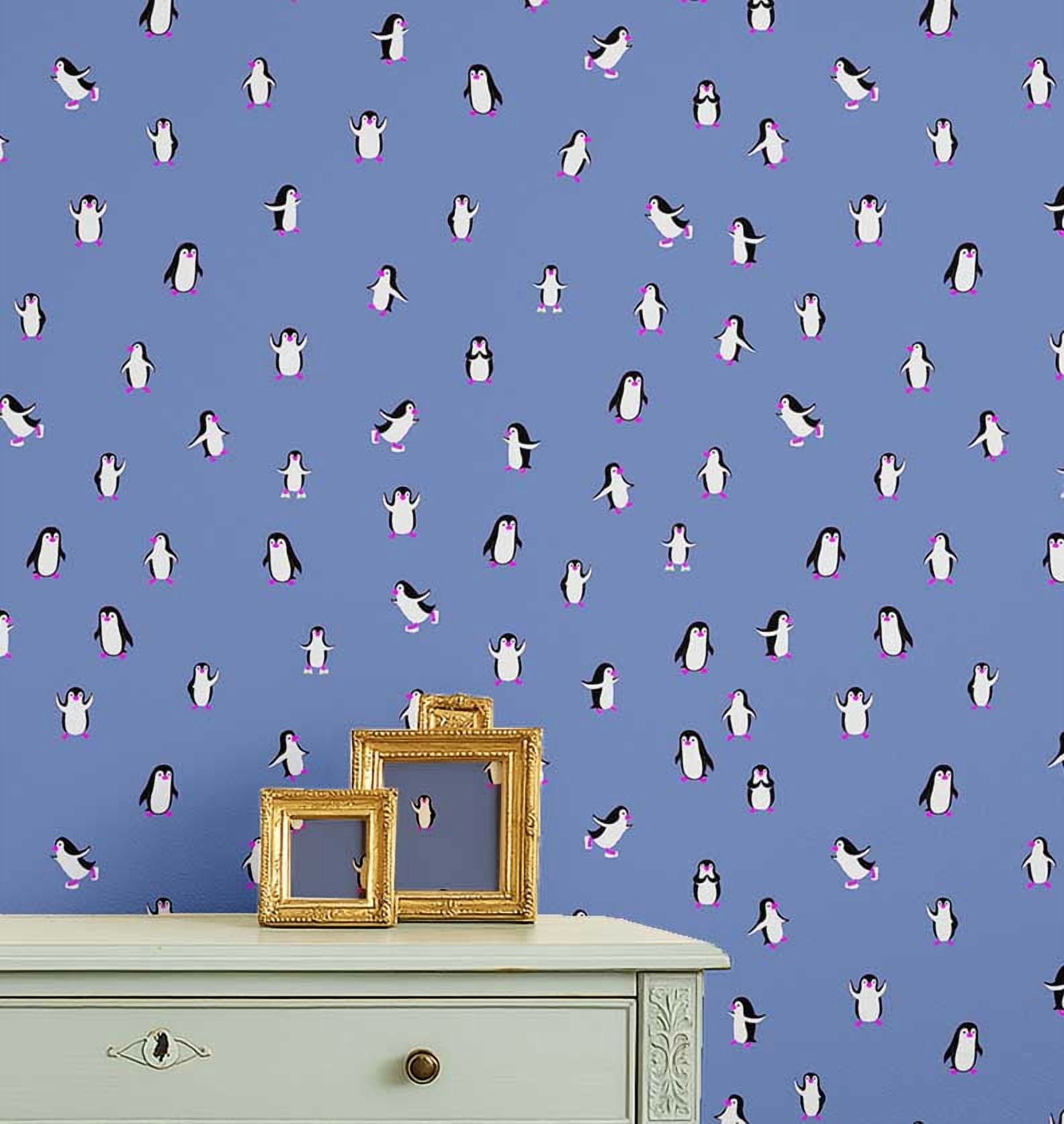 S4Sassy Penguin Print Wallpaper - Blue Wall Covering, 25" x 360" Self ...