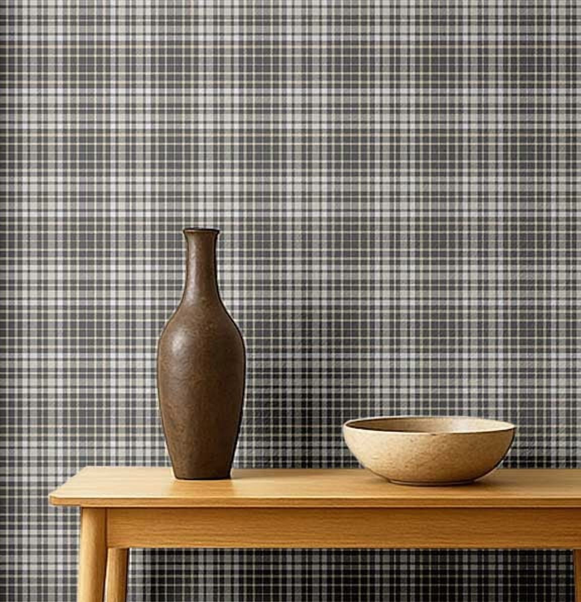 S4Sassy Plaid Checks Wallpaper - Gray Wall Covering, 25" x 120" Self ...