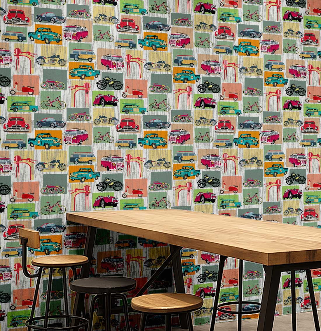 S4Sassy Retro Vehicles Wallpaper - Commercial Space Wall Covering, 25 ...