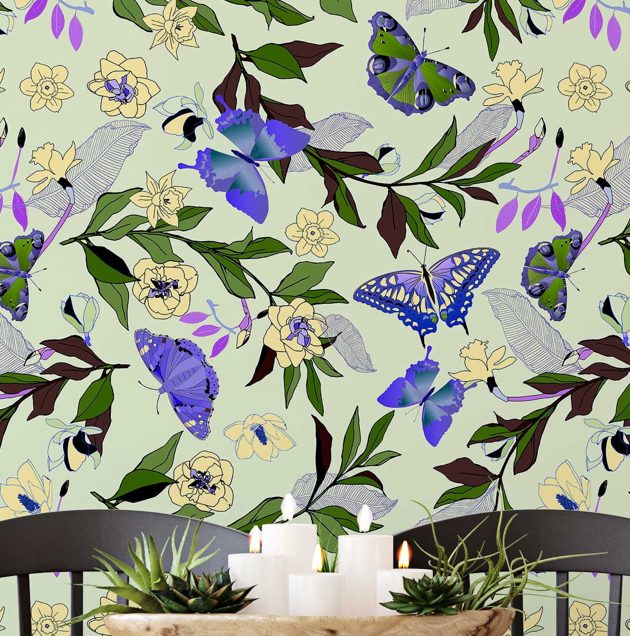 S4Sassy Self Adhesive Wallpaper, Butterfly & Floral Wallpaper, Green ...