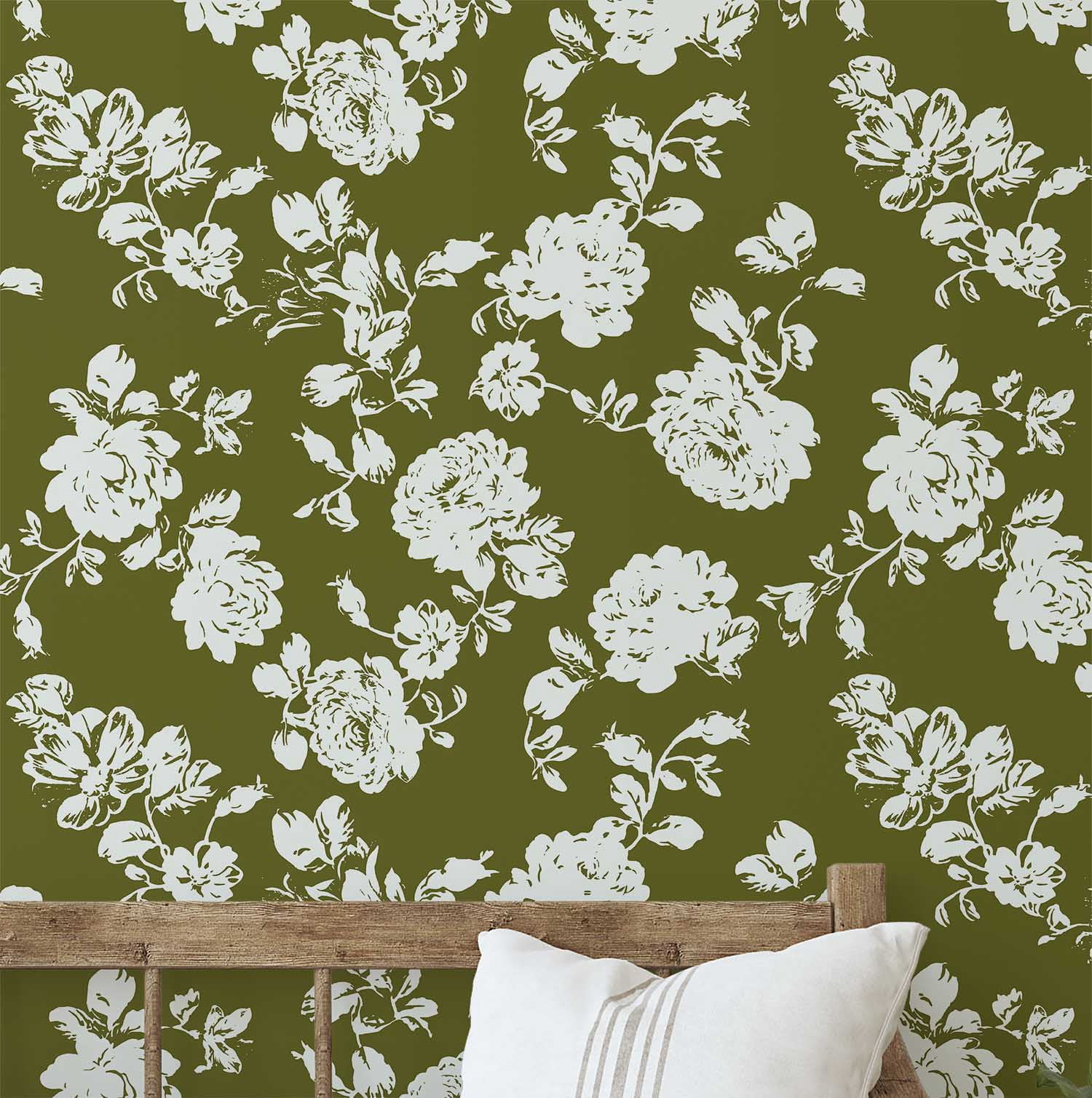 S4Sassy Self Adhesive Wallpaper, Vintage Rose Wallpaper, Green ...