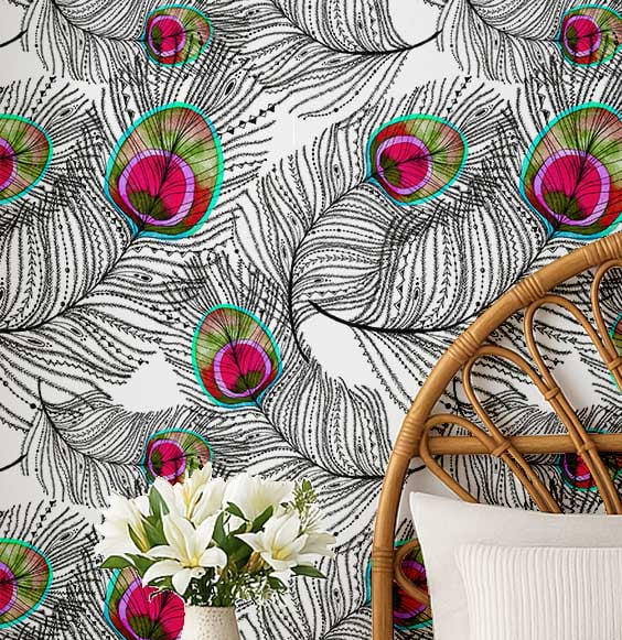 S4Sassy Self-Stick Decorative Boho Wallpaper, Peacock Feather Print ...