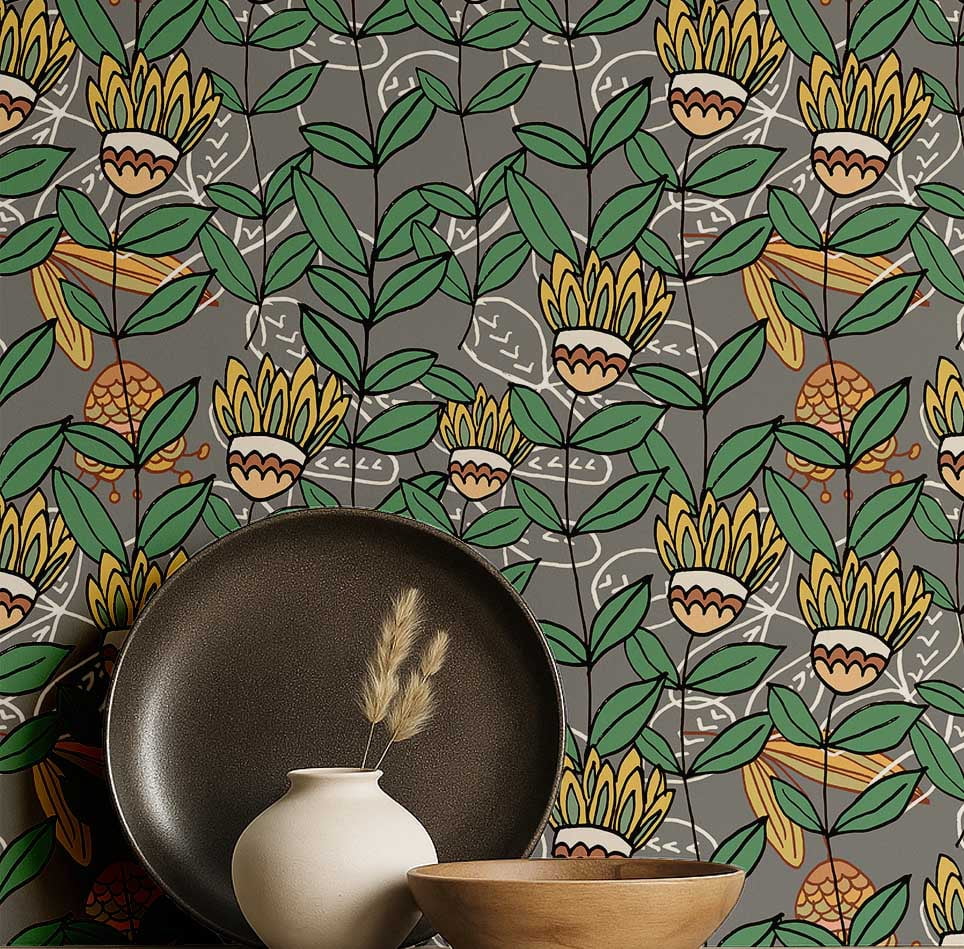 S4Sassy Self-Stick Decorative Boho Wallpaper, Retro Botanical Floral ...
