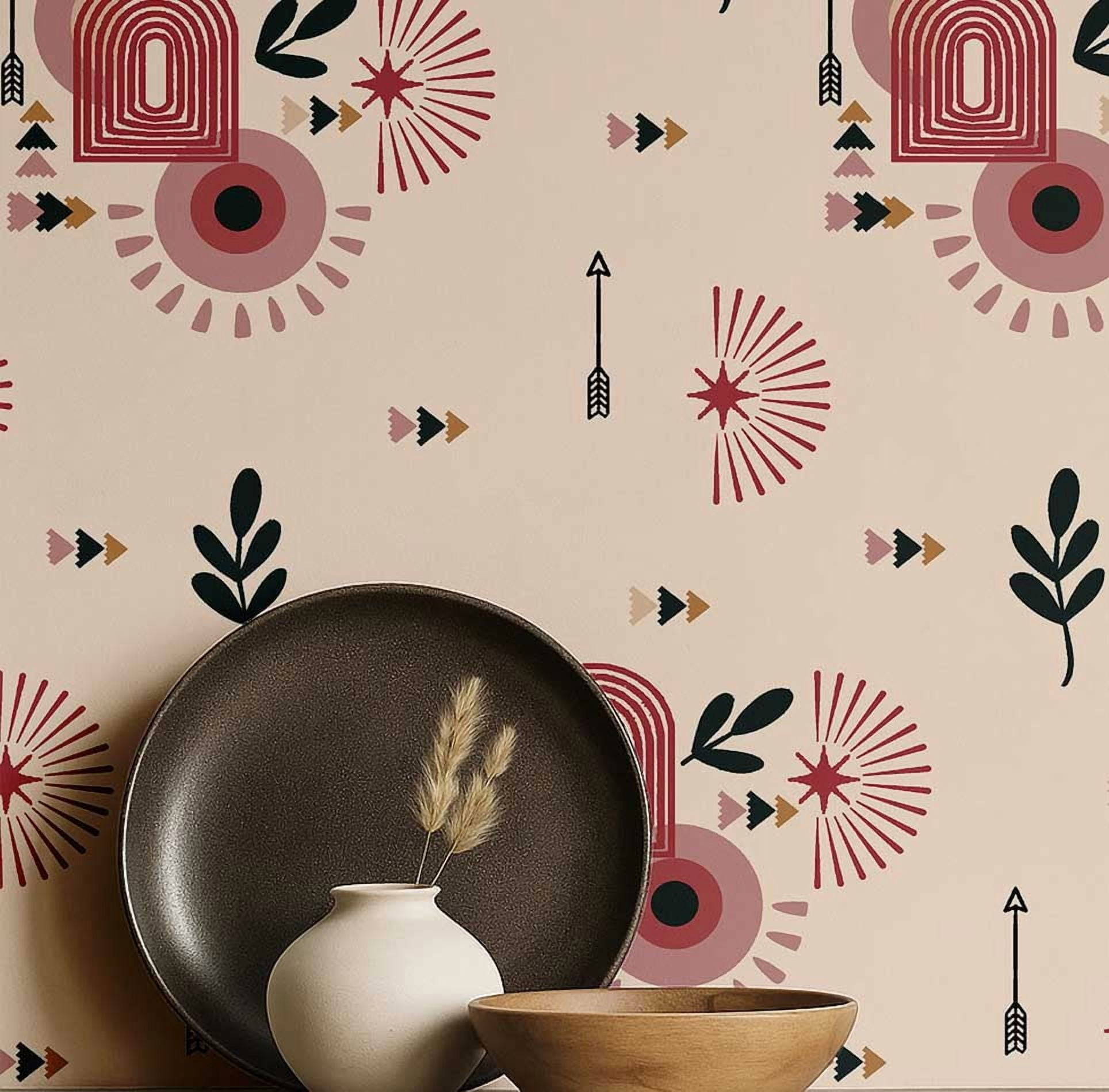 S4Sassy Tribal Arrow and Sun Motif Wallpaper - Ivory Bohemian Wall Covering, 25" x 240" Self ...