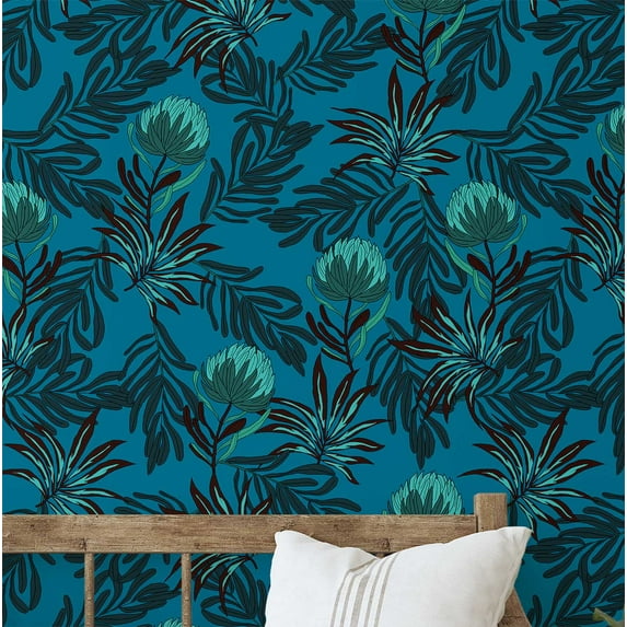 S4Sassy Tropical Blossom Wallpaper - Blue Wall Covering, 25" x 120 ...