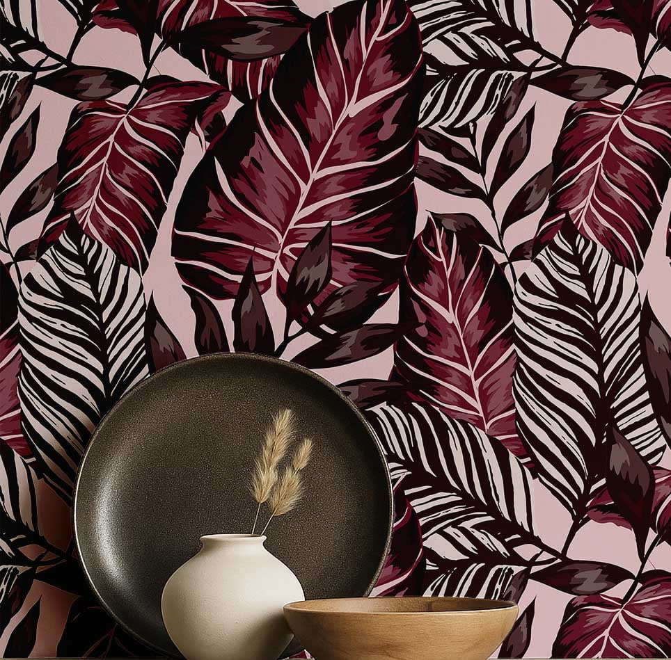 S4Sassy Tropical Leaf Wallpaper - Red Wall Covering, 25" X 60" Self ...