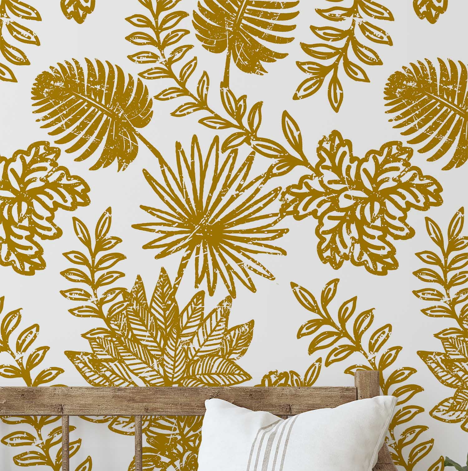 S4Sassy Tropical Leaf Wallpaper Yellow Wall Covering, 25" x 120" Self ...