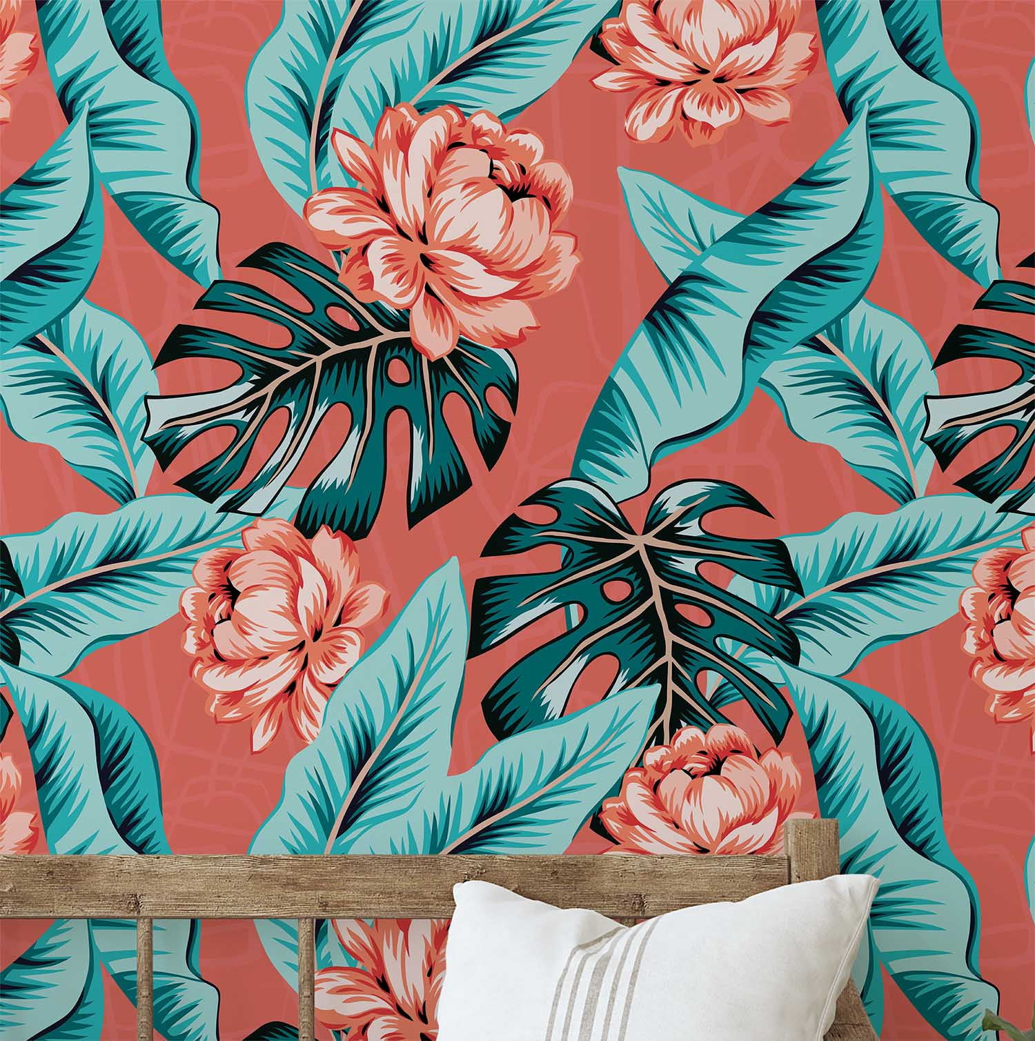 S4Sassy Tropical Leaves Wallpaper - Peach Wall Covering, 25" X 120 ...