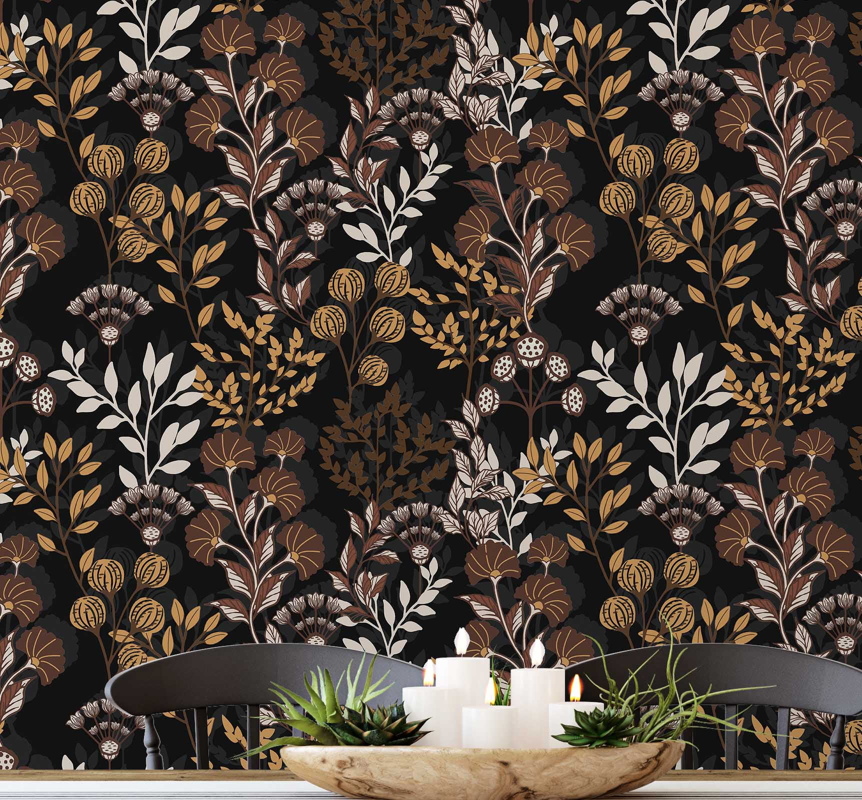 S4Sassy Vintage Botanical Wallpaper- Brown Floral Wall Covering, 25" x ...