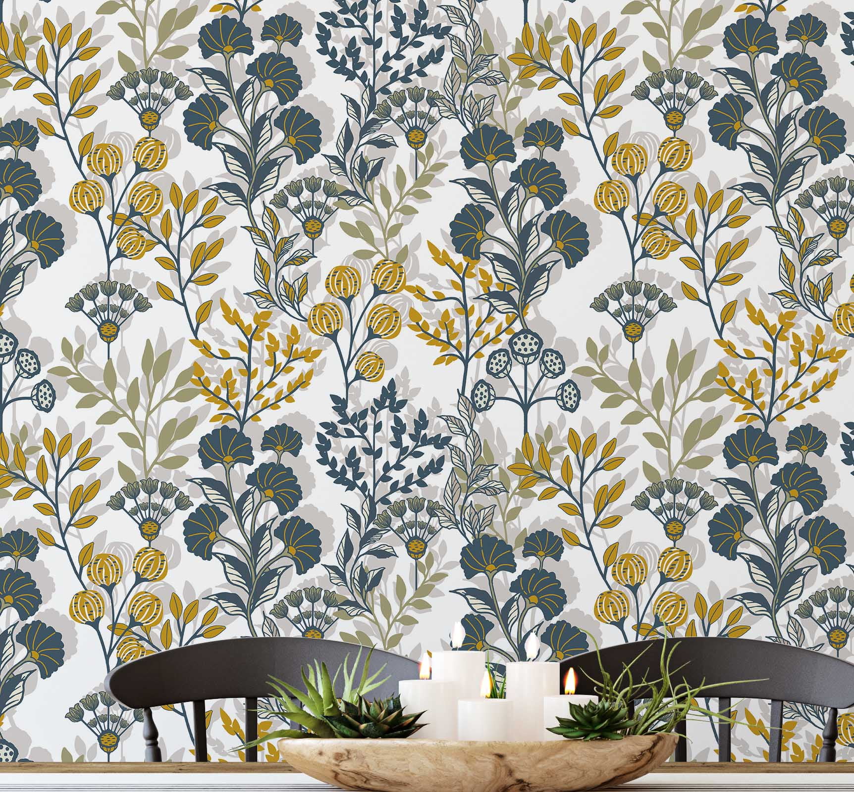 S4Sassy Vintage Botanical Wallpaper- Yellow Floral Wall Covering,25"x60 ...