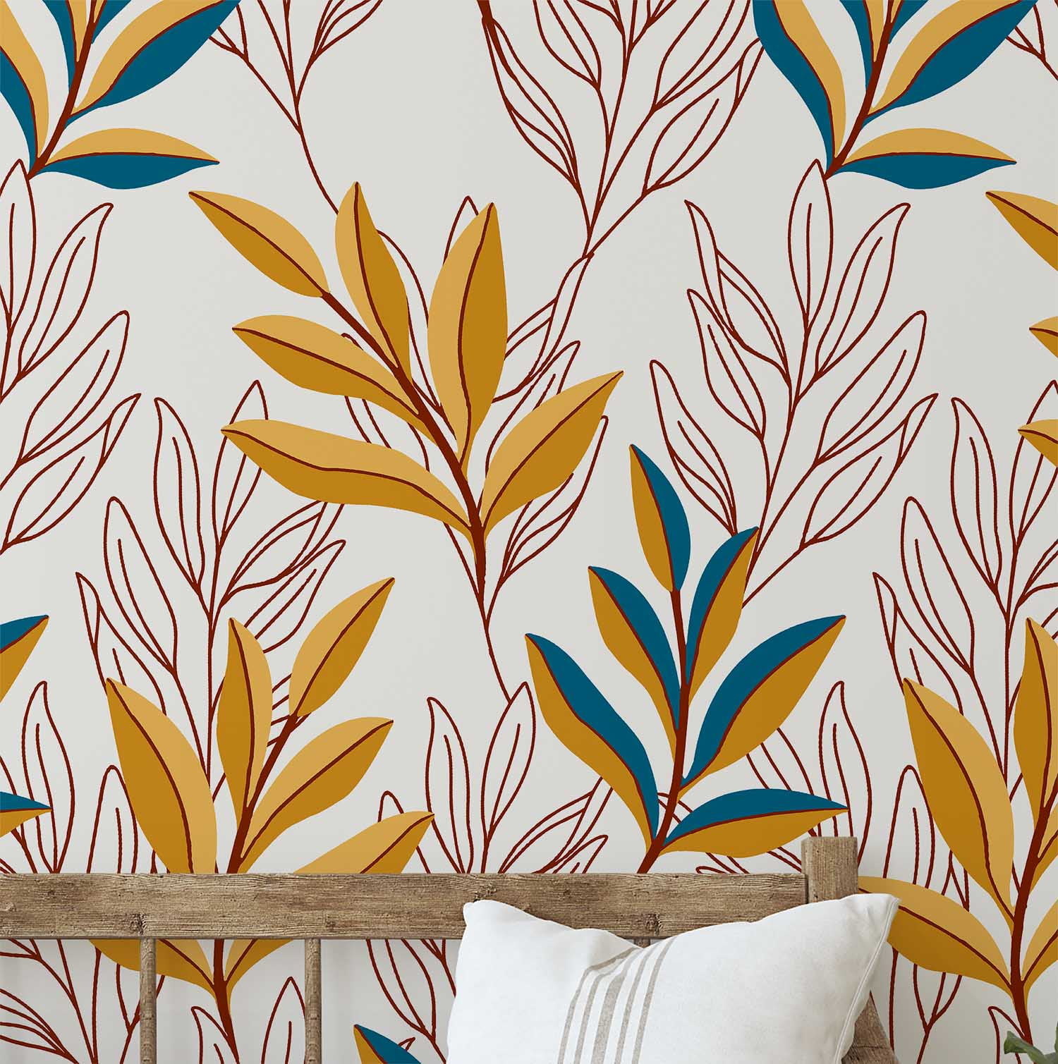 S4Sassy Yellow Leaf Outline Wallpaper- Modern Botanical Wall Covering ...