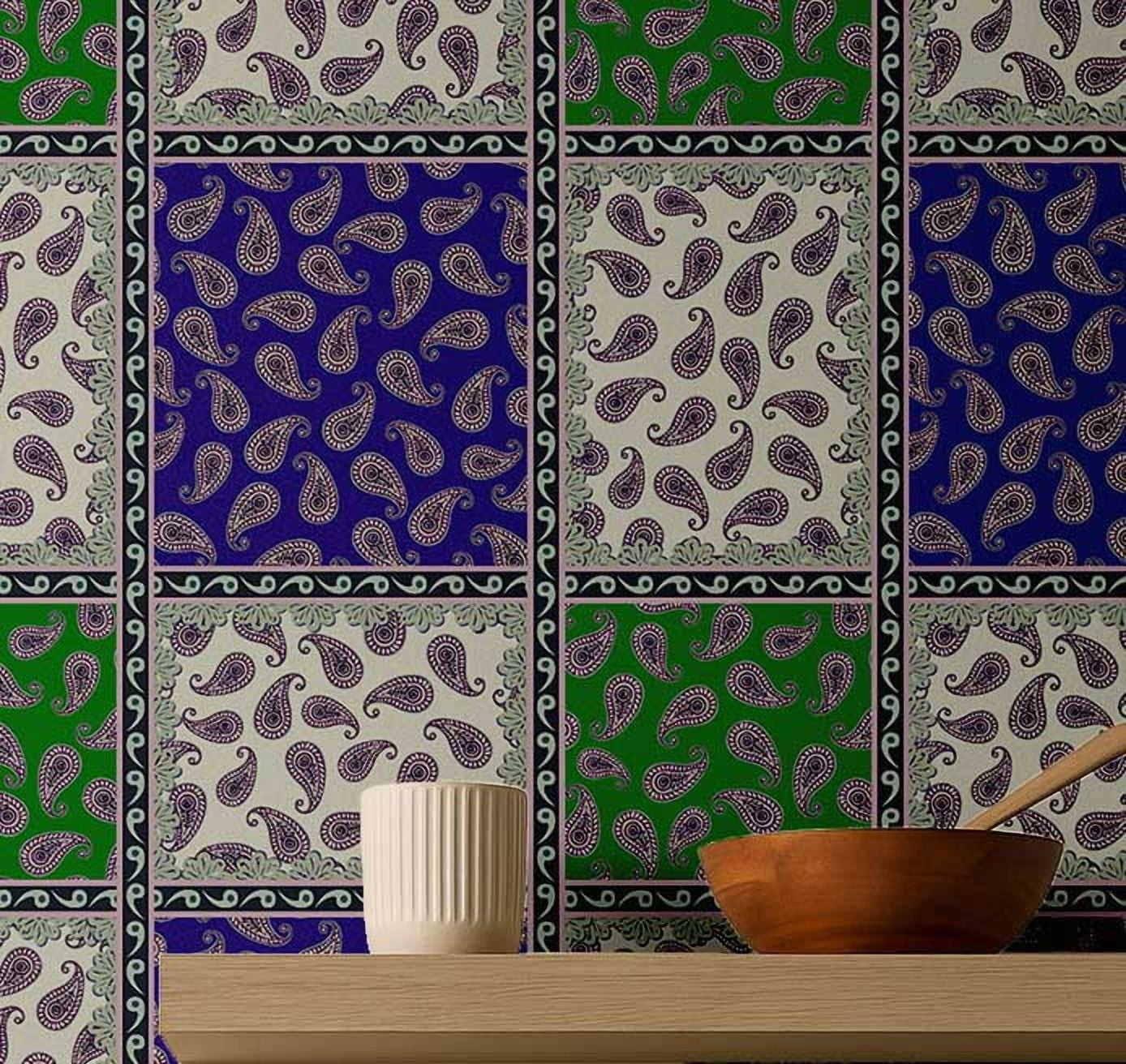 S4sassy Removable Square Tile Waterproof Wall Wrap, Paisley Block Print ...