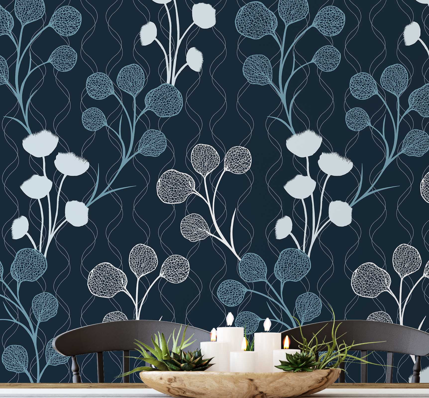 S4sassy Self Adhesive Wallpaper, Blue Floral Bud Print Mural Wall Paper ...