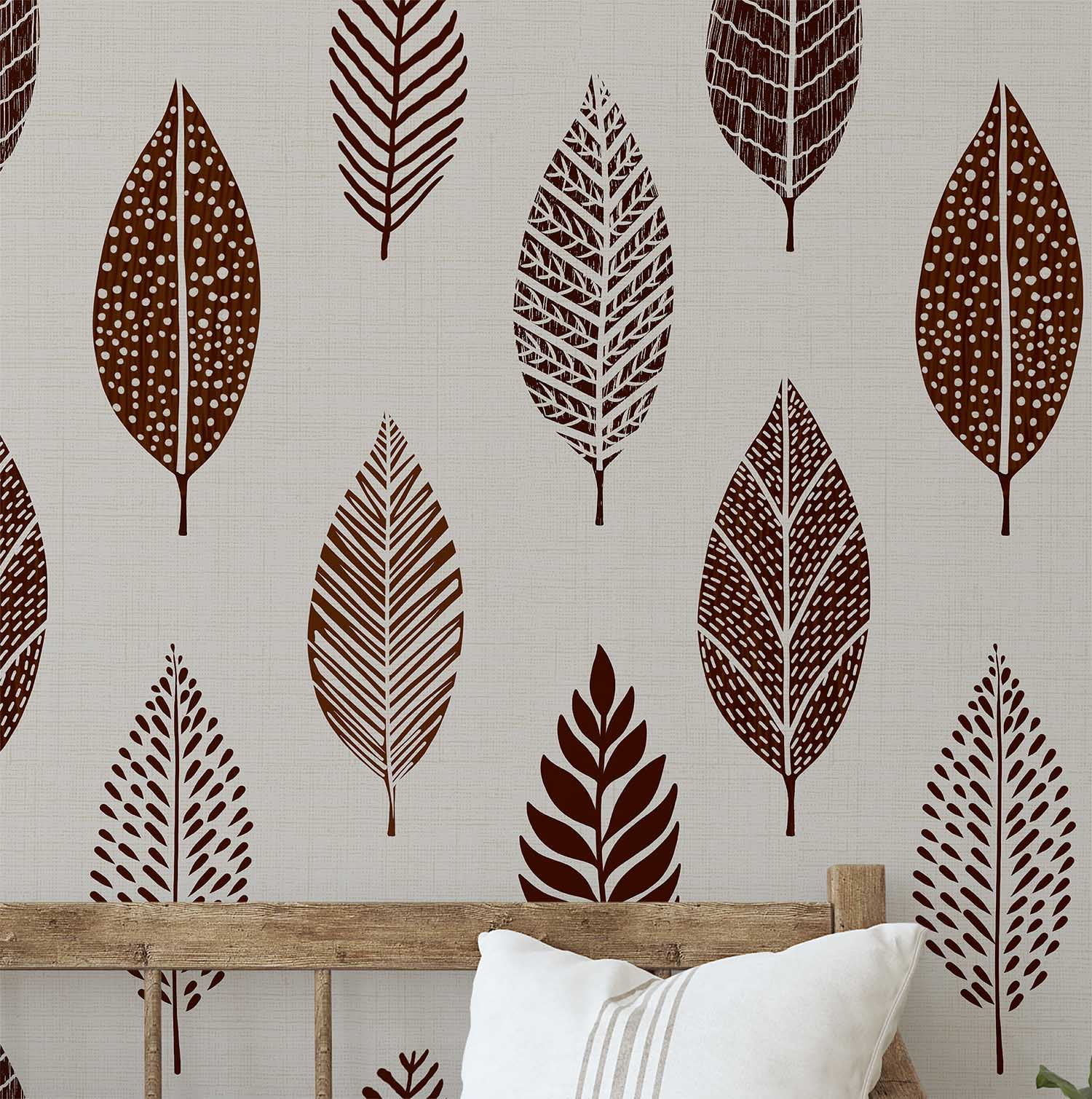 S4sassy Self Adhesive Wallpaper, Brown Stylized Leaf Print Mural Wall ...